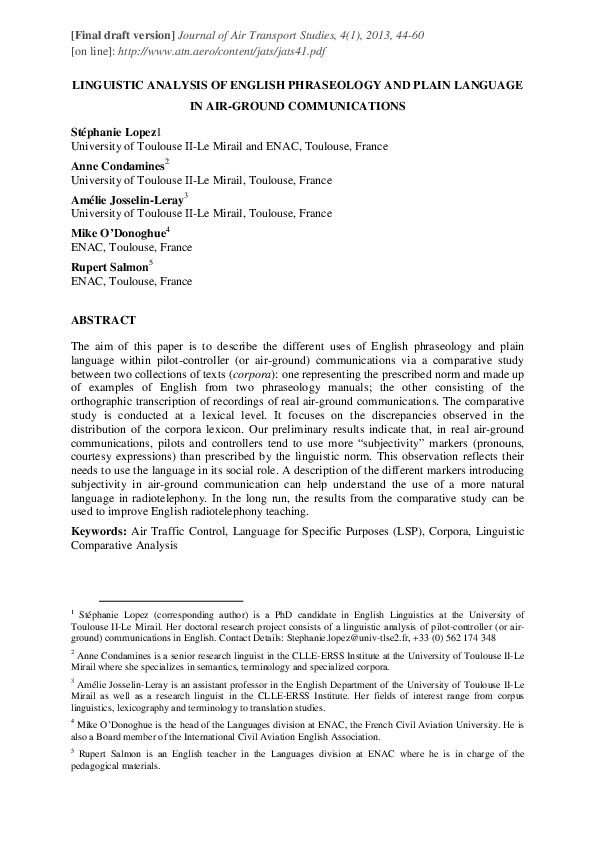 Linguistic Analysis of English Phraseology and Plain Language in Air ...