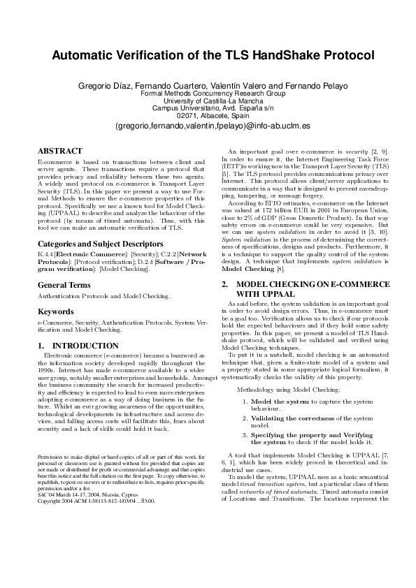 (PDF) Automatic verification of the TLS handshake protocol