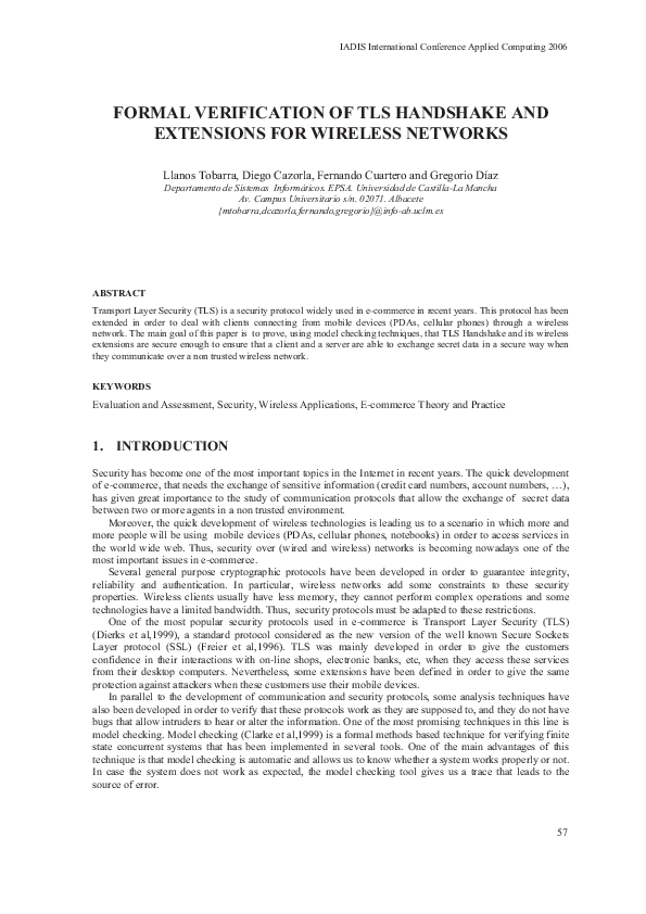 (PDF) FORMAL VERIFICATION OF TLS HANDSHAKE AND EXTENSIONS FOR WIRELESS NETWORKS