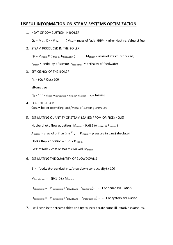 (DOC) USEFUL INFORMATION ON STEAM SYSTEMS OPTIMIZATION