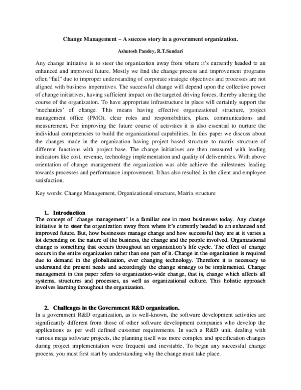 (DOC) Change Management A success story in a government organization v1 1