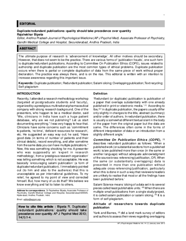 (PDF) EDITORIAL Duplicate/redundant publications: quality should take ...