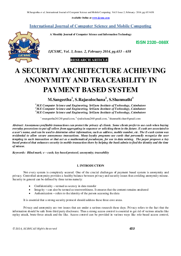 (PDF) A SECURITY ARCHITECTURE ACHIEVING ANONYMITY AND TRACEABILITY IN PAYMENT BASED SYSTEM﻿