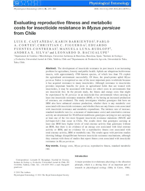 (PDF) Evaluating reproductive fitness and metabolic costs for insecticide resistance in Myzus ...