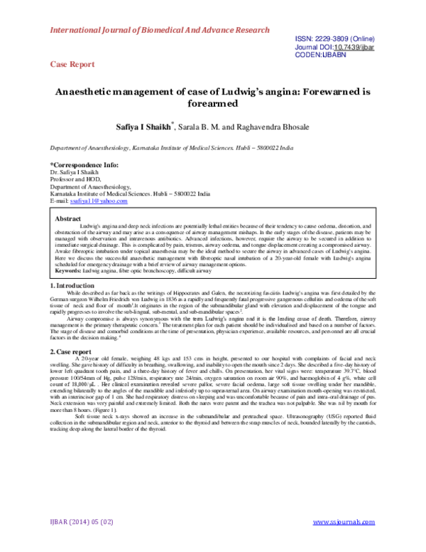 (PDF) Anaesthetic management of case of Ludwig's angina: Forewarned is ...