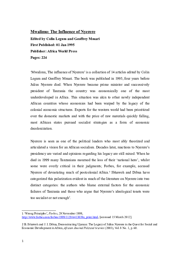 (PDF) Review of ' Mwalimu: The Influence of Nyerere', edited by Colin ...