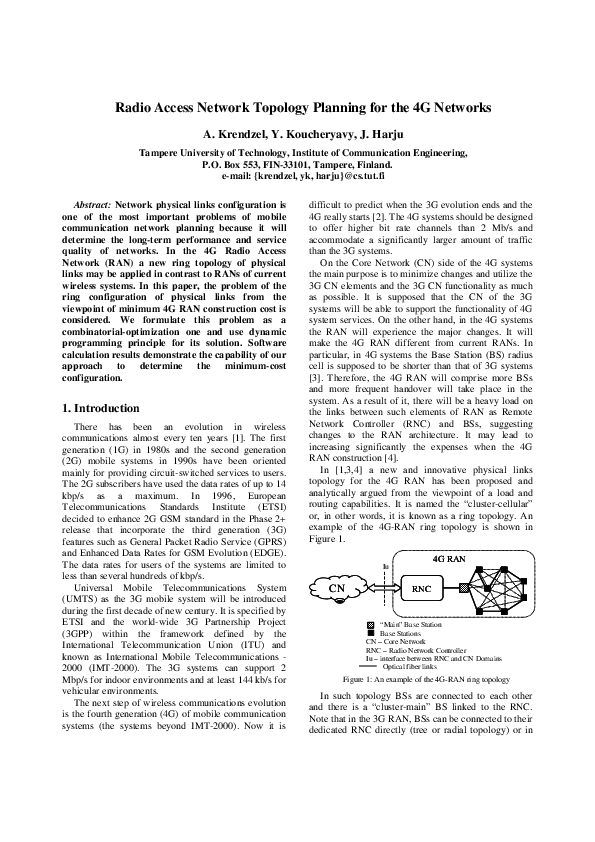 (PDF) Radio Access Network Topology Planning for the 4G Networks