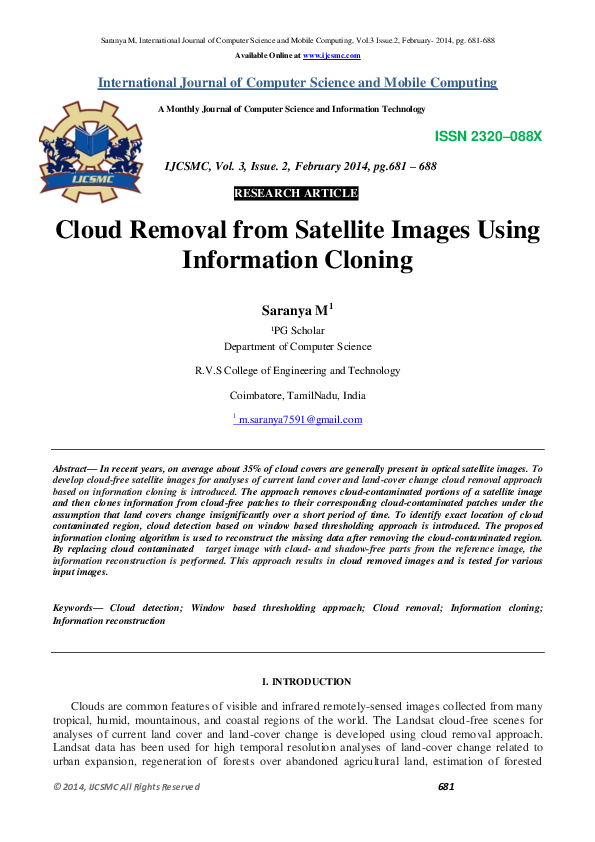 Pdf Cloud Removal From Satellite Images Using Information Cloning﻿