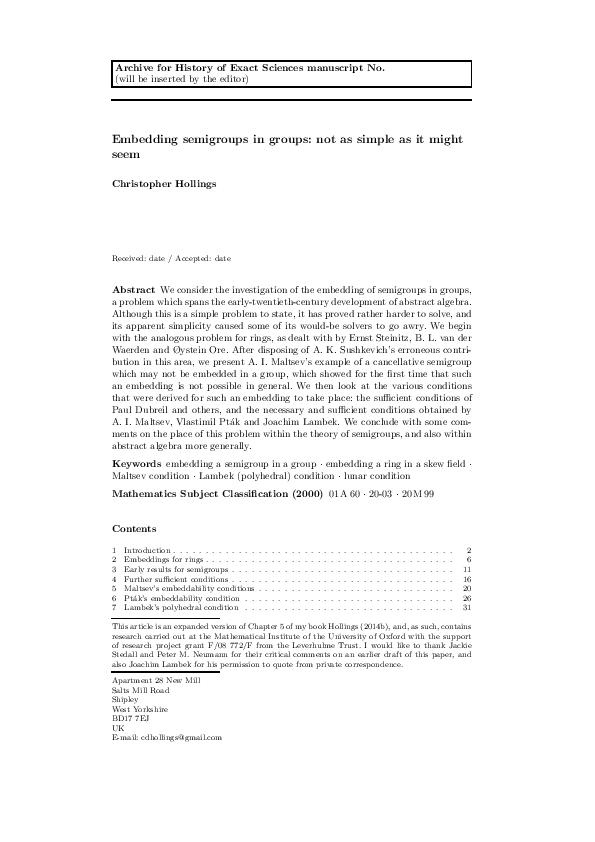 (PDF) Embedding semigroups in groups: not as simple as it might seem
