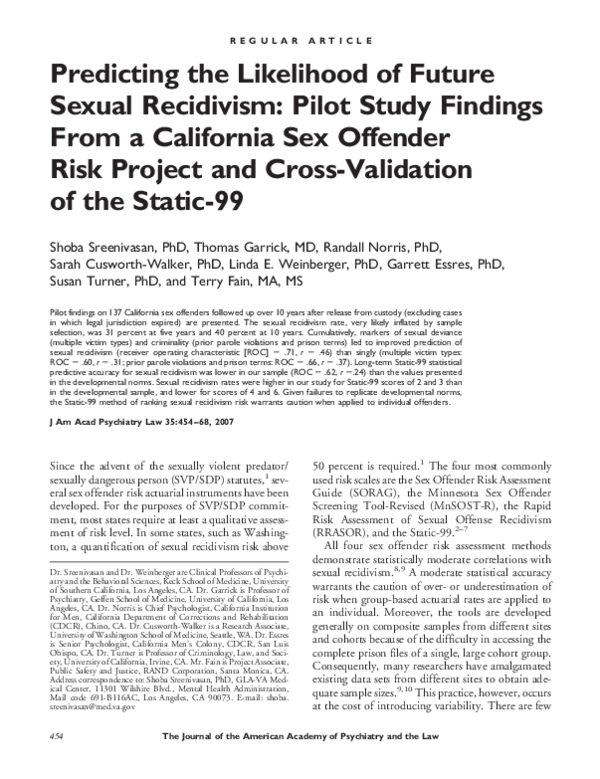 Pdf Predicting The Likelihood Of Future Sexual Recidivism Pilot