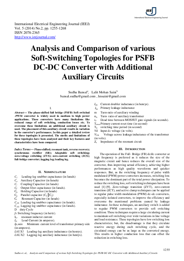 (PDF) Analysis and Comparison of various Soft-Switching Topologies for PSFB DC-DC Converter with ...
