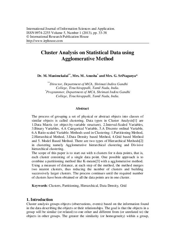 (PDF) Cluster Analysis on Statistical Data using Agglomerative Method