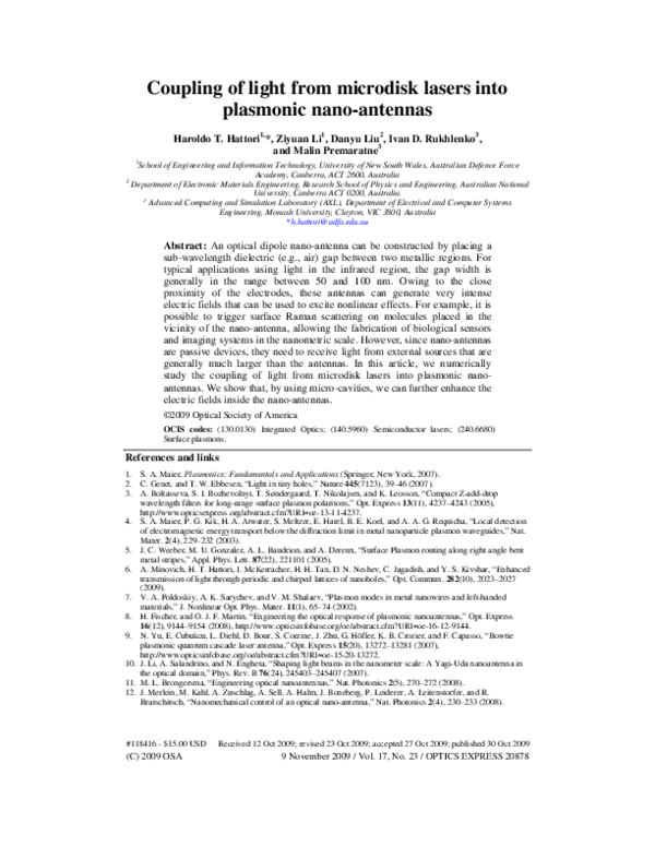 (PDF) Coupling of light from microdisk lasers into plasmonic nano-antennas