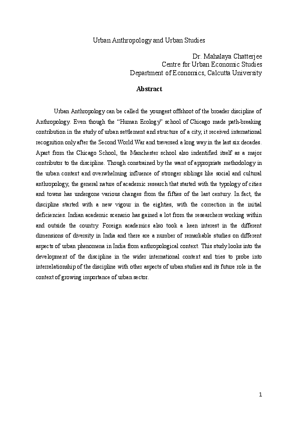 (DOC) Urban Anthropology and Urban Studies