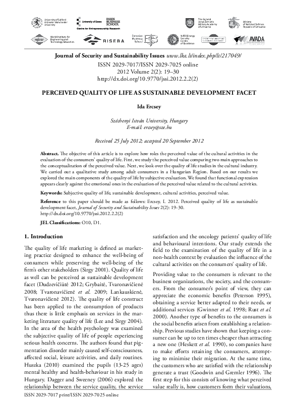 (PDF) PERCEIVED QUALITY OF LIFE AS SUSTAINABLE DEVELOPMENT FACET