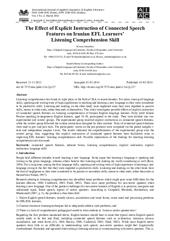 Pdf The Effect Of Explicit Instruction Of Connected Speech Feature On Iranian Efl Learners