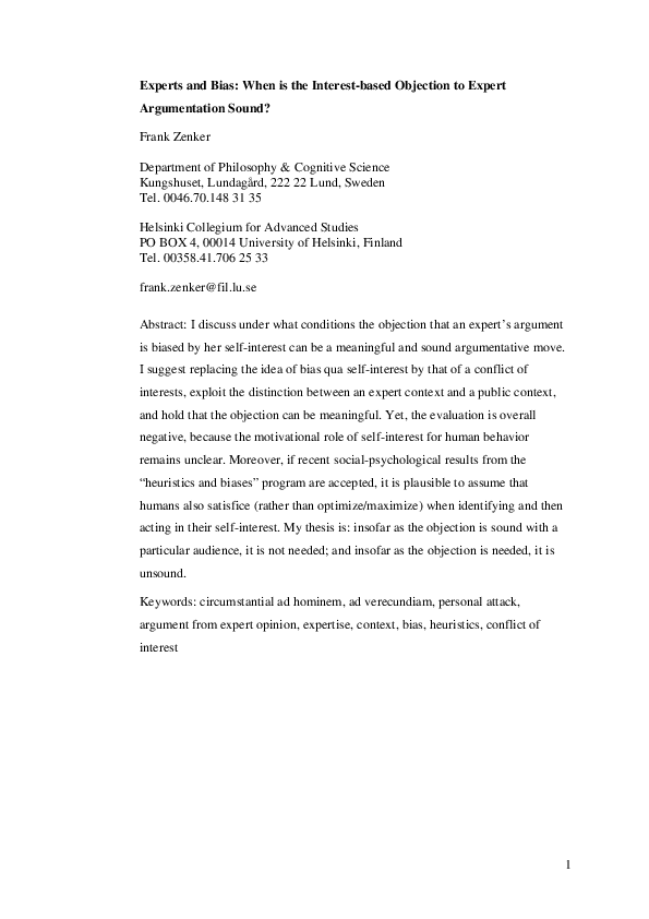 (PDF) Experts and Bias: When is the Interest-Based Objection to Expert ...