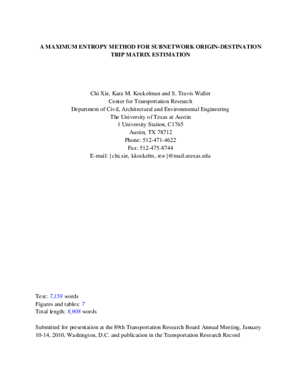 Pdf Maximum Entropy Method For Subnetwork Origin Destination Trip