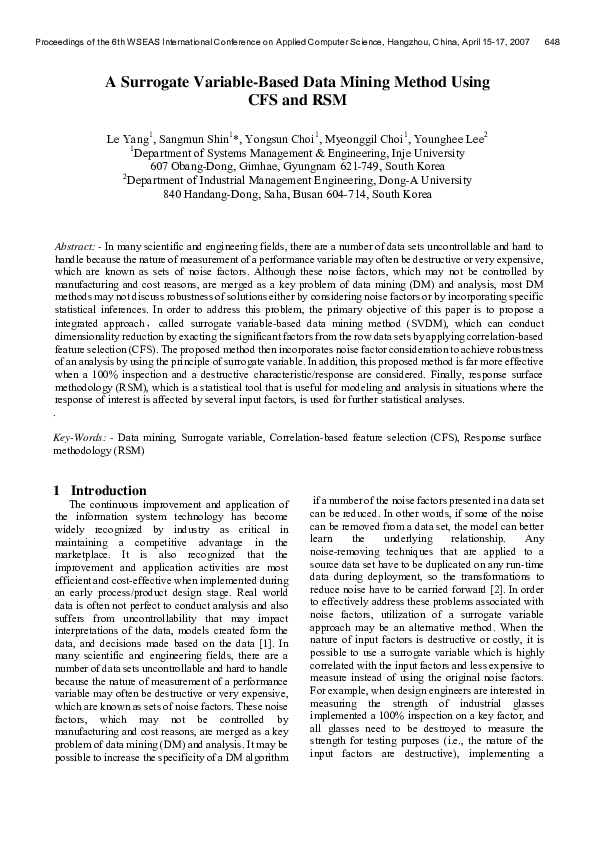 Pdf A Surrogate Variable Based Data Mining Method Using Cfs And Rsm 0382