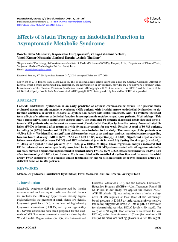 Pdf Effects Of Statin Therapy On Endothelial Function In Asymptomatic