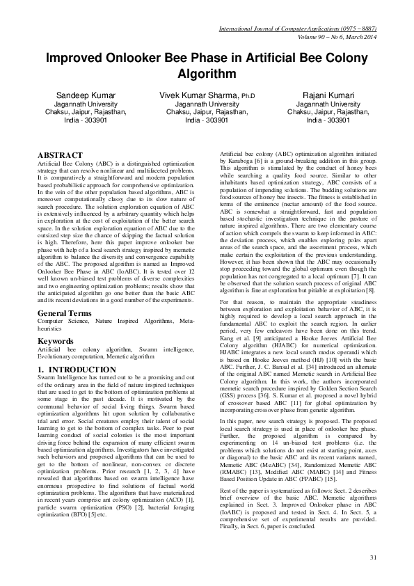 (PDF) Improved Onlooker Bee Phase in Artificial Bee Colony Algorithm