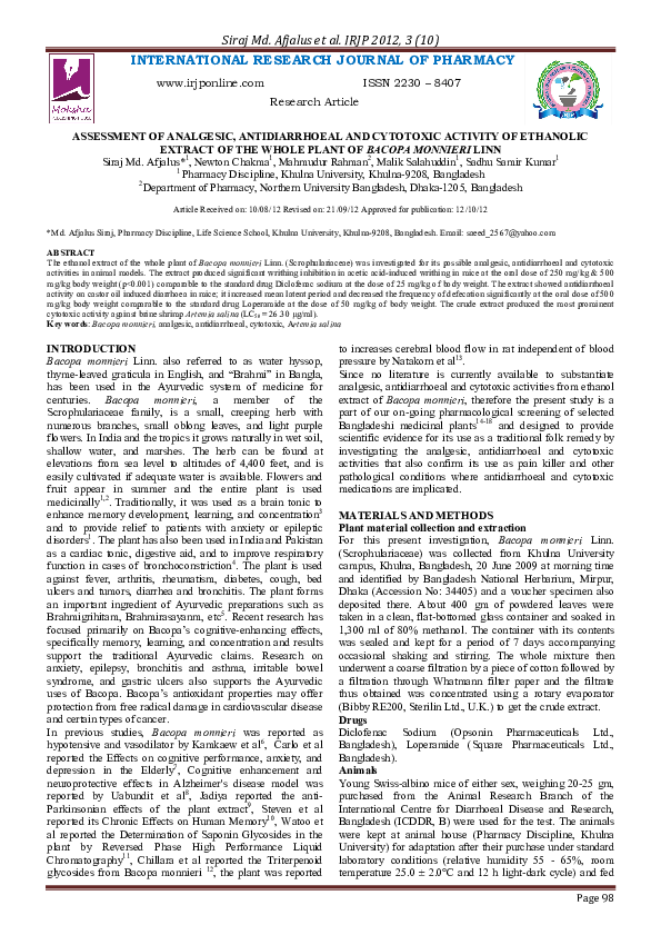 (PDF) ASSESSMENT OF ANALGESIC, ANTIDIARRHOEAL AND CYTOTOXIC ACTIVITY OF ETHANOLIC EXTRACT OF THE ...