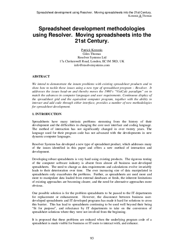 (PDF) Spreadsheet Development Methodologies using Resolver: Moving ...