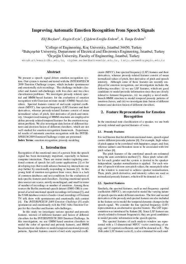 (PDF) Improving automatic emotion recognition from speech signals