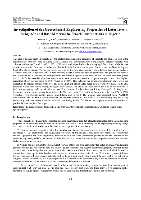 (PDF) Utilization of Laterite Soil Stabilized With Quarry Dust and Lime ...