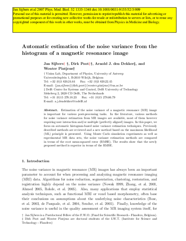Pdf Automatic Estimation Of The Noise Variance From The Histogram Of A Magnetic Resonance Image