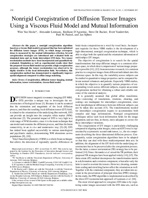 (PDF) Nonrigid Coregistration of Diffusion Tensor Images Using a Viscous Fluid Model and Mutual ...