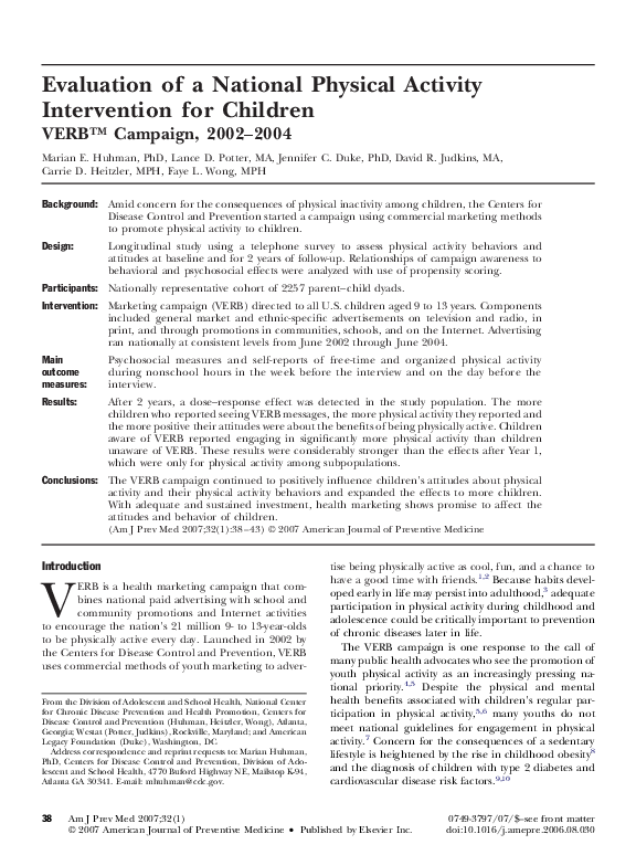 (PDF) Evaluation of a National Physical Activity Intervention for Children