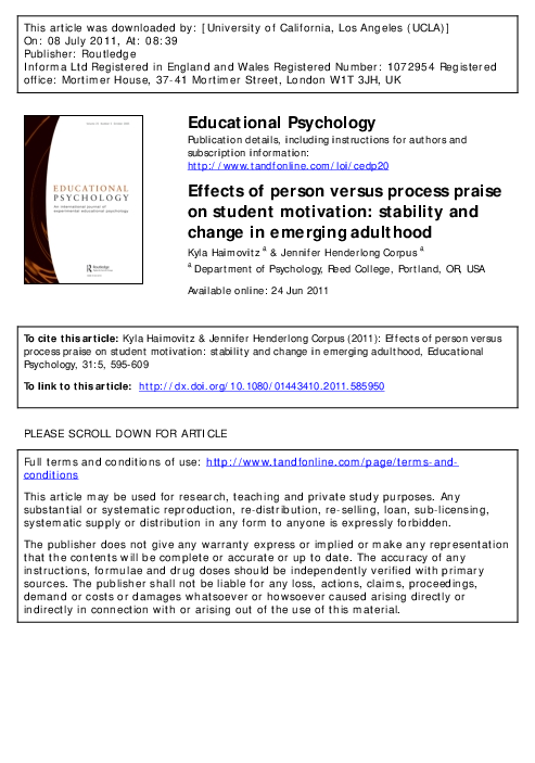 (PDF) Haimovitz, K., & Corpus, J. H. (2011). Effects of person versus ...