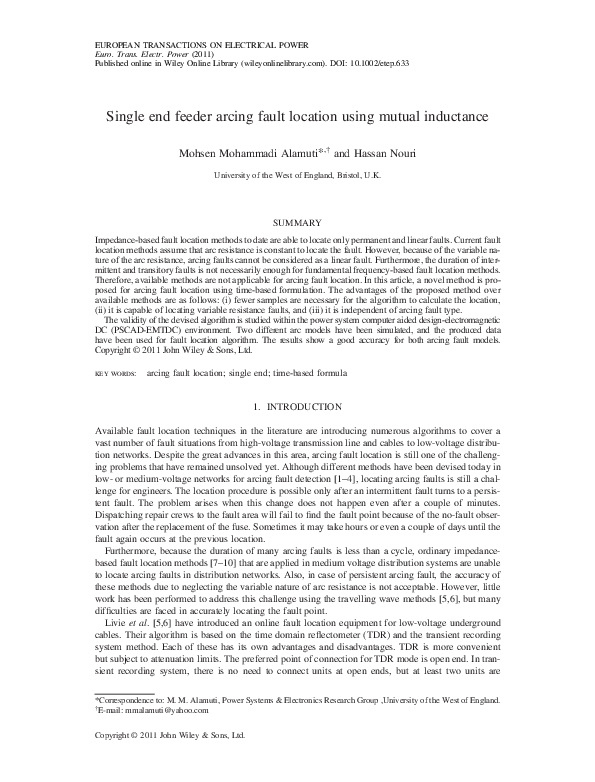 (PDF) Single end feeder arcing fault location using mutual inductance