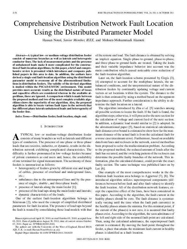 Pdf Comprehensive Distribution Network Fault Location Using The Distributed Parameter Model 4731