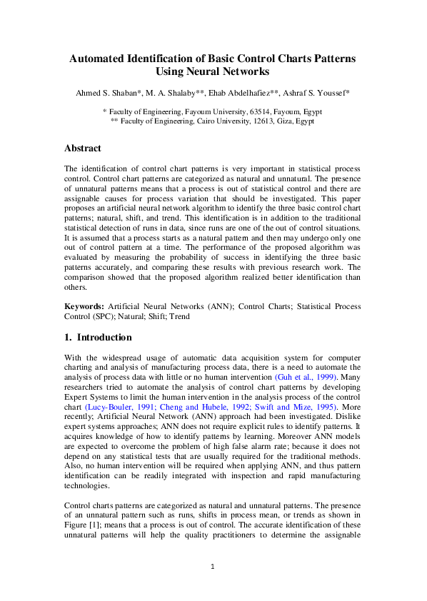 Pdf Automated Identification Of Basic Control Charts Patterns Using Neural Networks