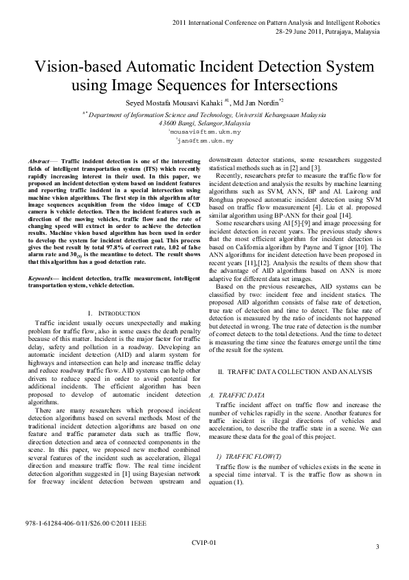 Pdf Vision Based Automatic Incident Detection System Using Image Sequences For Intersections