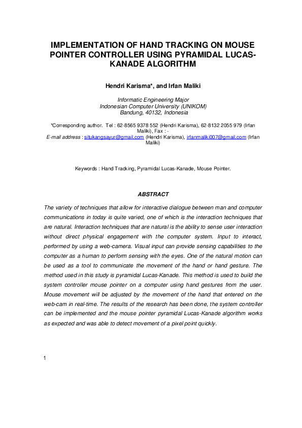 Pdf Implementation Of Hand Tracking On Mouse Pointer Controller Using Pyramidal Lucas Kanade