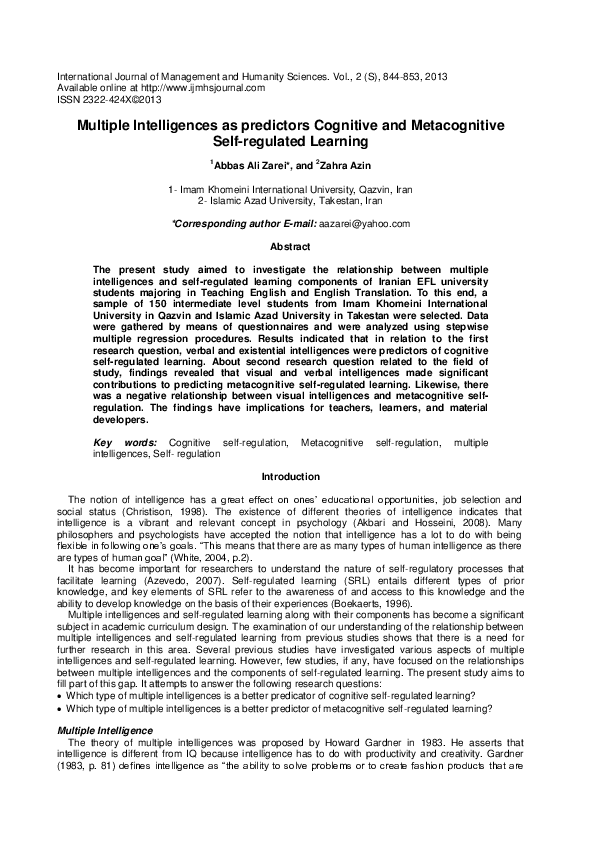 (PDF) Multiple intelligences as predictors of cognitive and metacognitive self-regulated learning