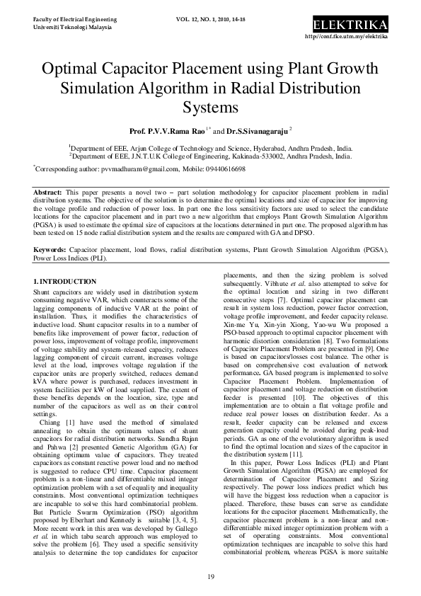 Faculty Of Electrical Engineering Universiti Teknologi Malaysia Optimal Capacitor Placement 