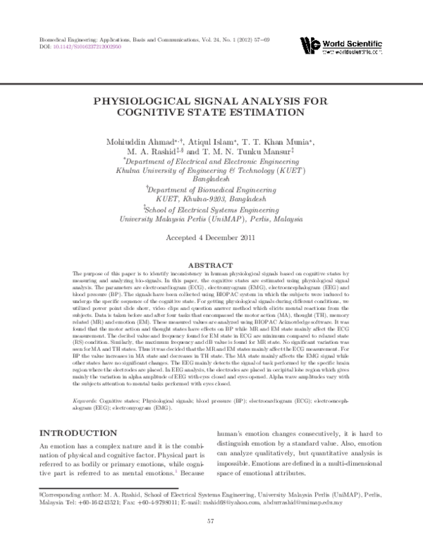 (PDF) PHYSIOLOGICAL SIGNAL ANALYSIS FOR COGNITIVE STATE ESTIMATION