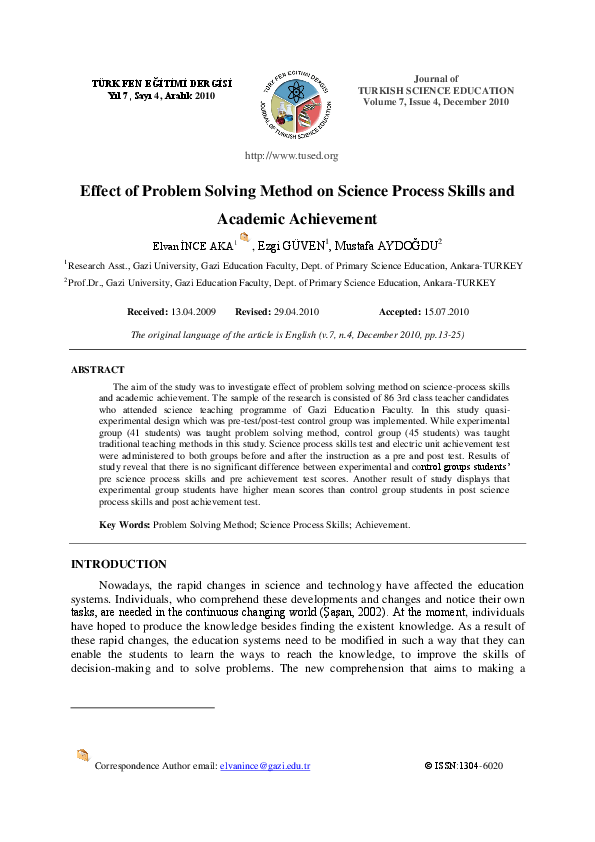 (PDF) Effect of Problem Solving Method on Science Process Skills and Academic Achievement