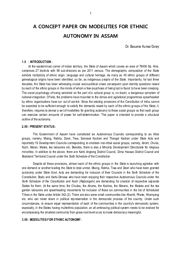 (DOC) A CONCEPT PAPER ON MODELITIES FOR ETHNIC AUTONOMY IN ASSAM