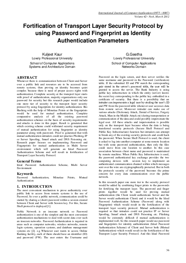 (PDF) Fortification of Transport Layer Security Protocol by using Password and Fingerprint as ...