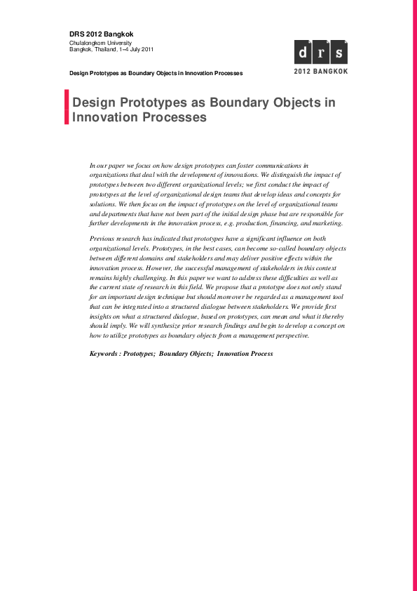 (DOC) Design Prototypes as Boundary Objects in Innovation Processes (DOC) Design Prototypes as Boundary Objects in Innovation Processes