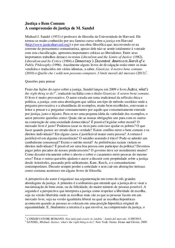 (DOC) Justiça e Bem Comum: A compreensão de justiça de M. Sandel