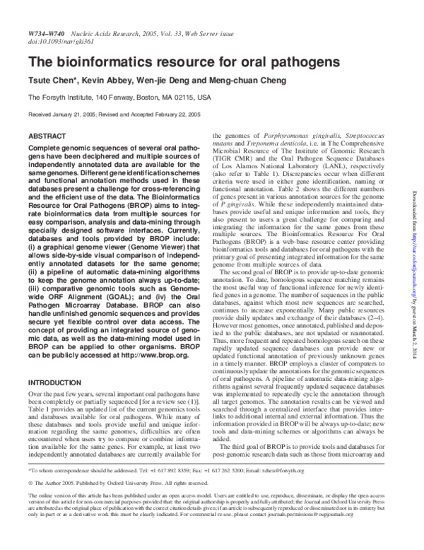 (PDF) The bioinformatics resource for oral pathogens