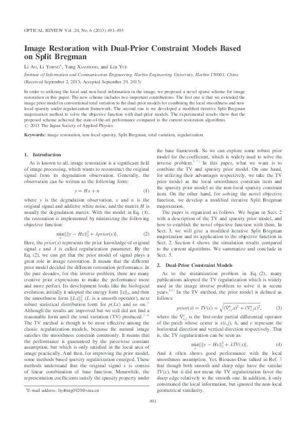 Pdf Image Restoration With Dual Prior Constraint Models Based On Split Bregman