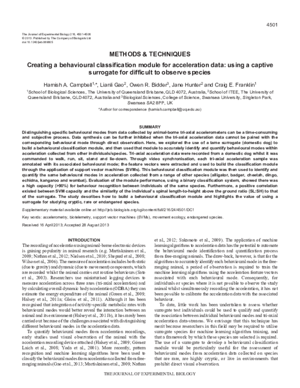 Pdf Creating A Behavioural Classification Module For Acceleration Data Using A Captive 2355