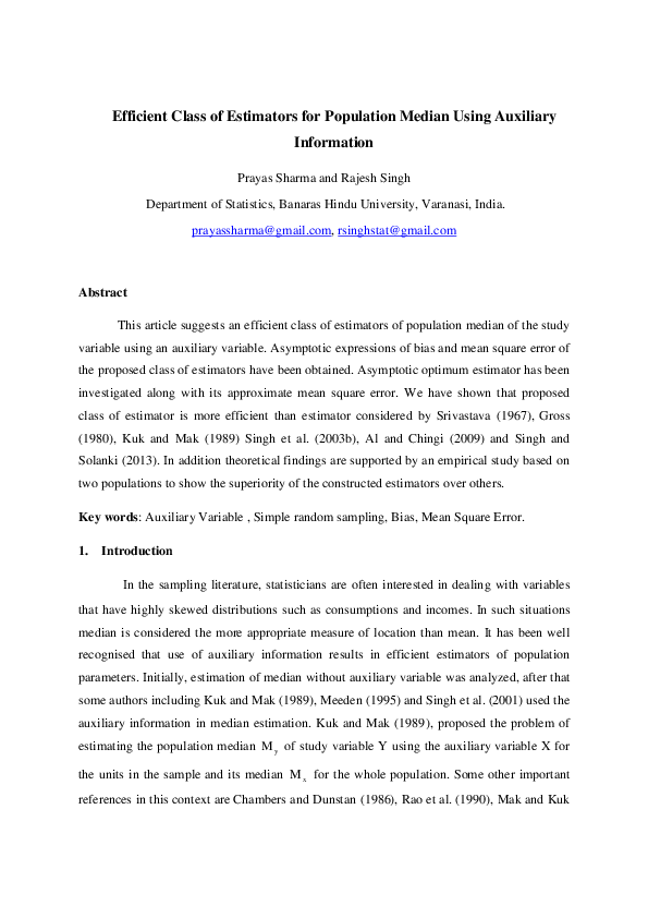 Pdf Efficient Class Of Estimators For Population Median Using